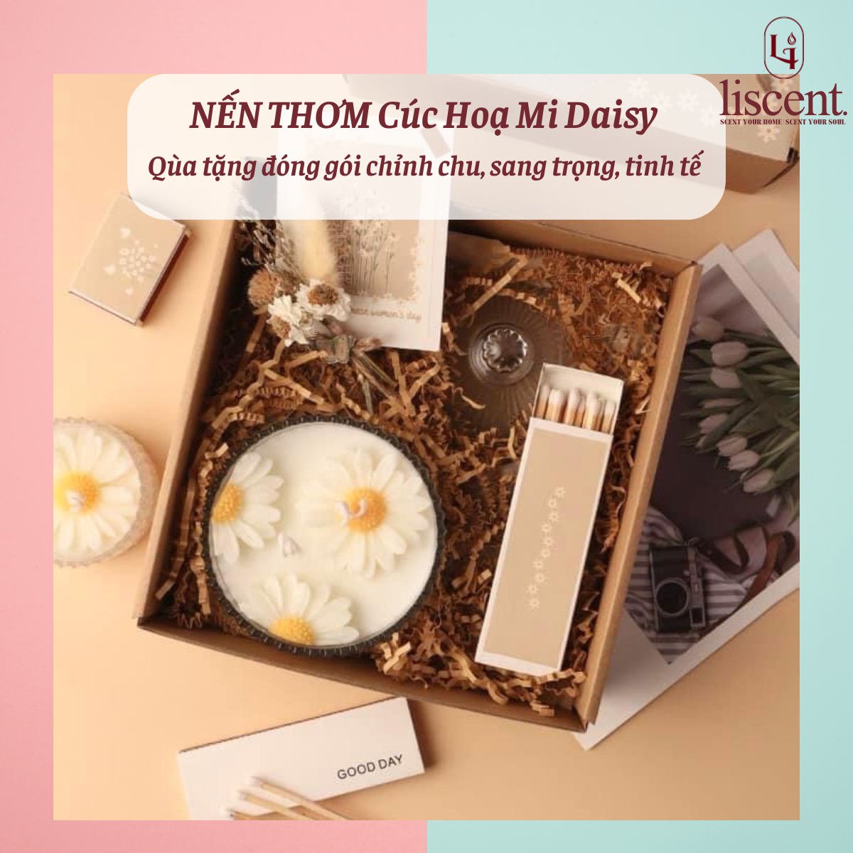 Set quà tặng nến thơm Cúc Hoạ Mi Daisy Liscent, Hủ thuỷ tinh 220gr cao ...