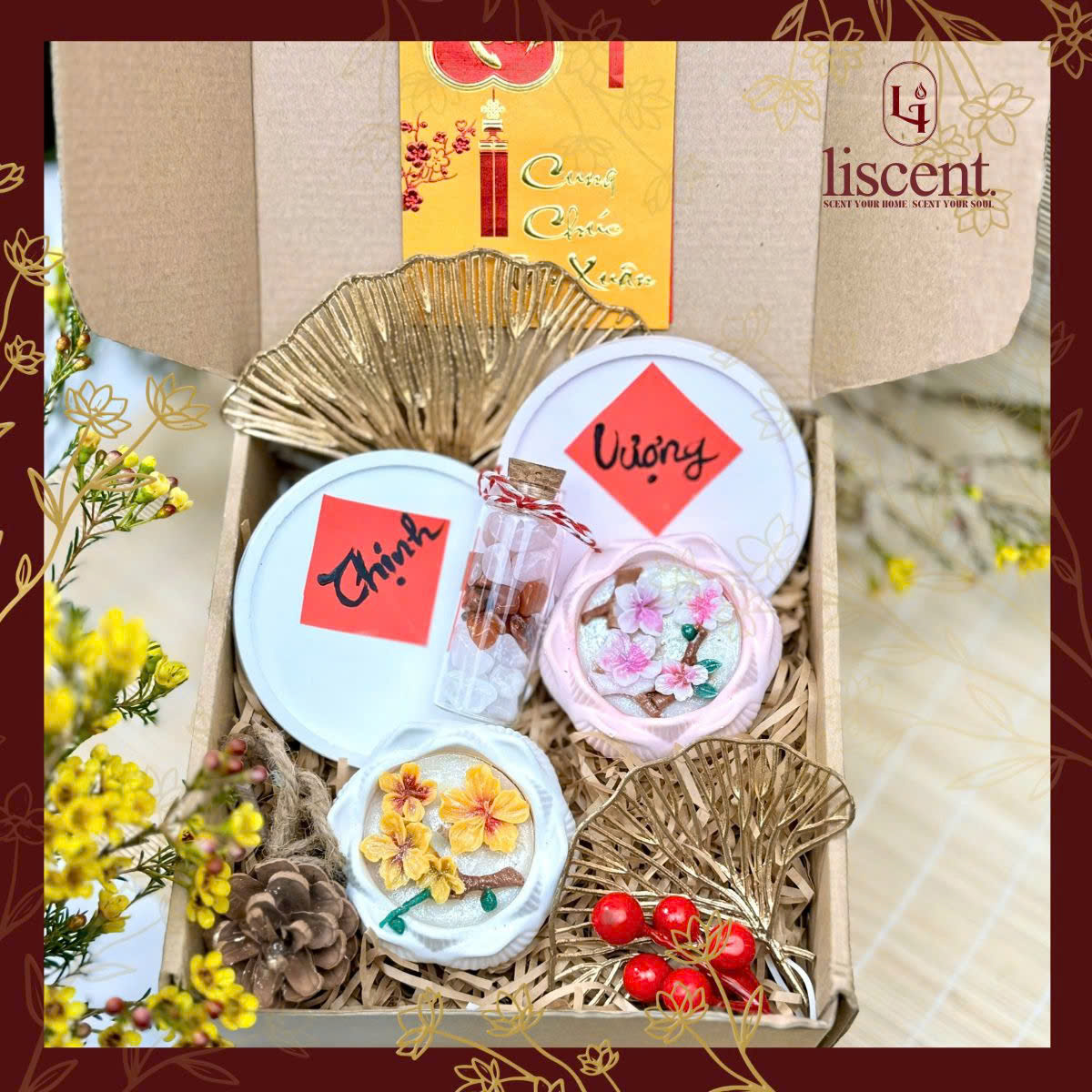 Set Nến Thơm Sen Cát Tường mix topping hoa mai, hoa đào làm Quà Tặng ...